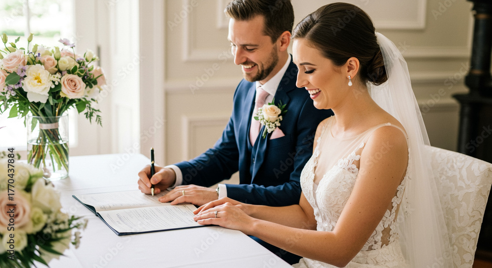 Couple Signing Marriage License in Bright Wedding Hall with Flowers ...