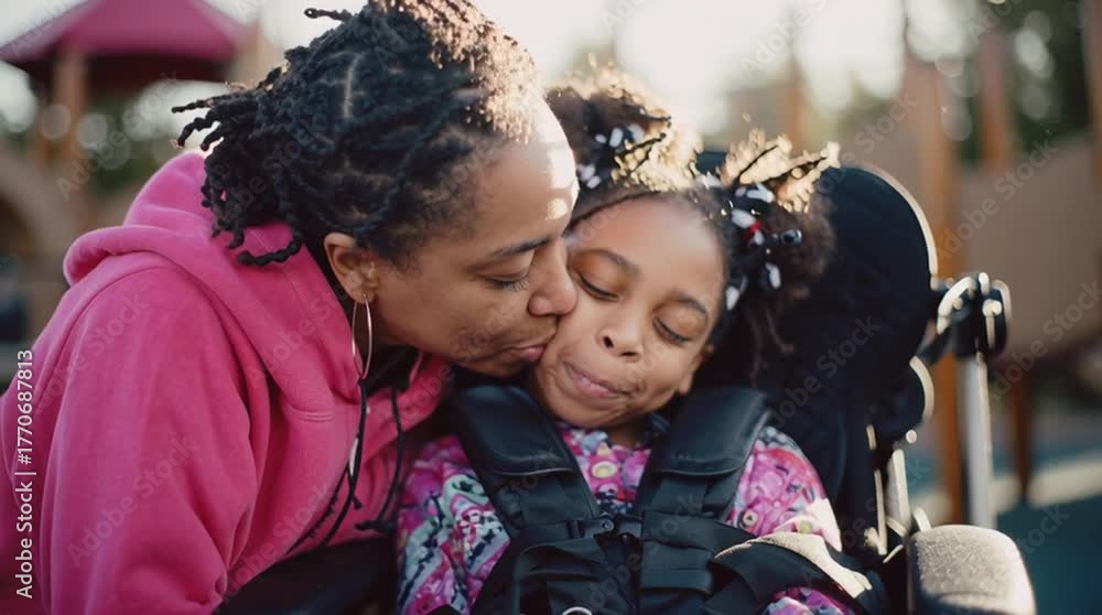 Happy candid mixed race mother and disabled child in a wheelchair ...