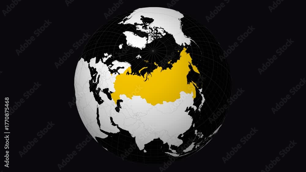 Russia map. Animated zoom into the country on the Globe in Black White ...