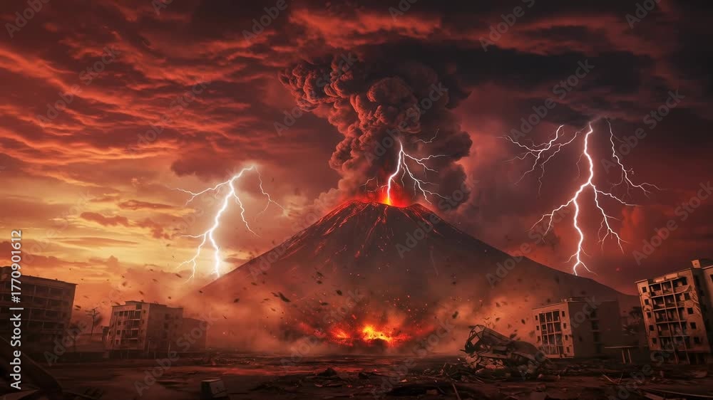 Volcanic eruption with swirling smoke, flowing lava, and lightning ...