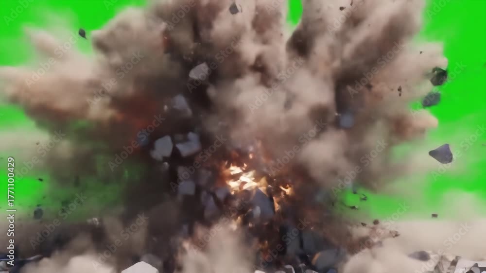 Massive fiery explosion with thick dark smoke and debris flying against ...