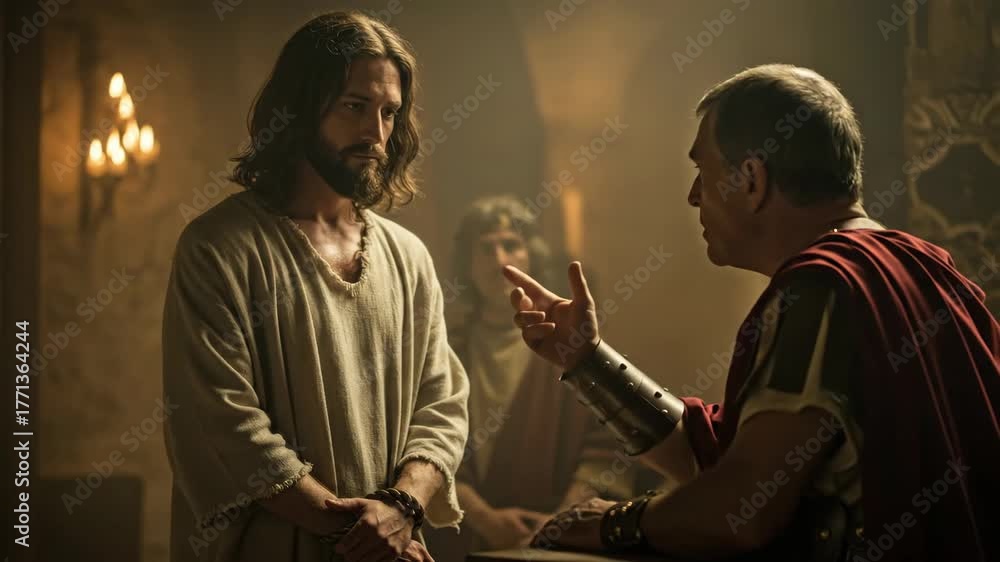 Jesus christ and pontius pilate in a heated discussion. Trial of jesus ...