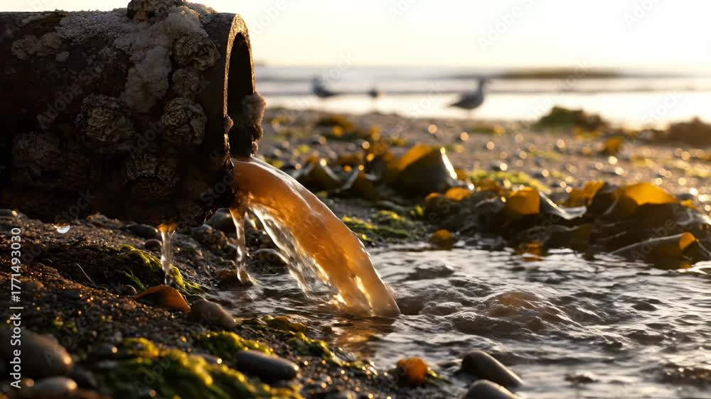 Water pollution pours from pipe. Brown wastewater discharge flows ...