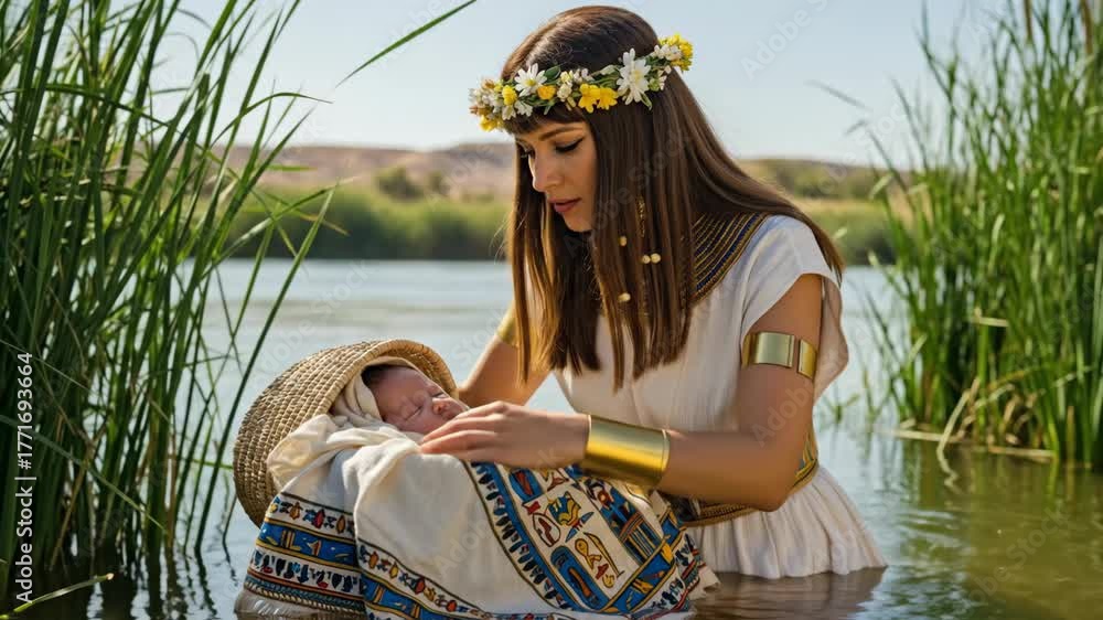 Pharaoh's daughter discovers the infant Moses hidden in a basket among ...