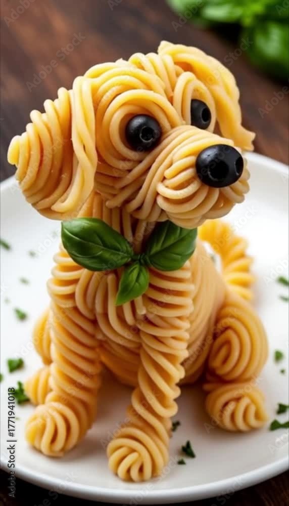 Funny cartoon dog with a messy bowl of spaghetti in a playful and ...