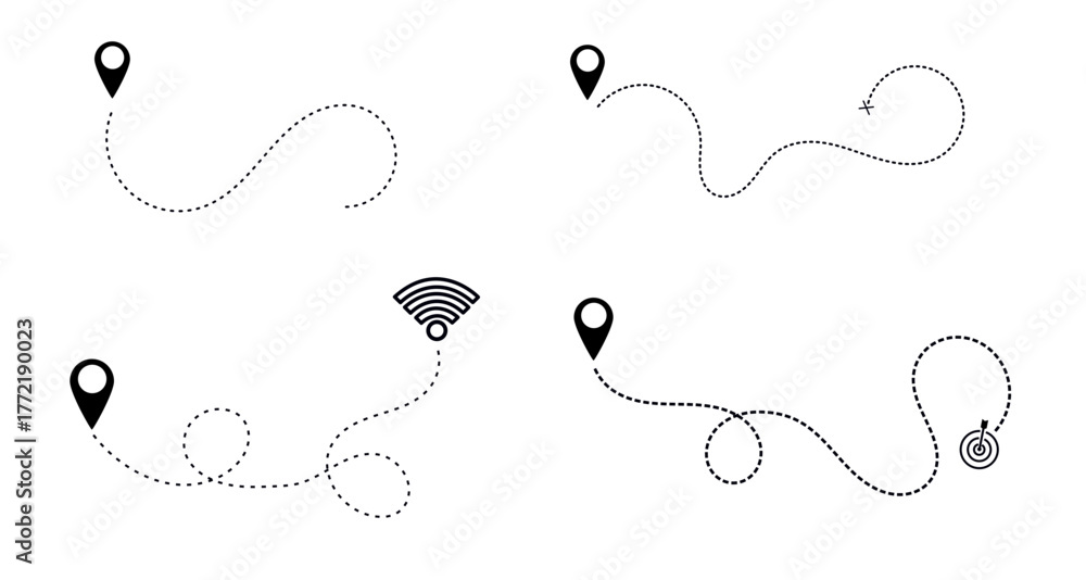 Creative dotted line path icons set — abstract travel routes, map ...
