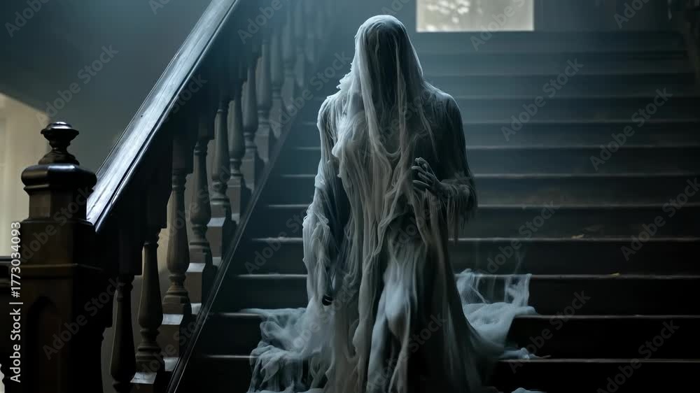Experience intense dread as a looming ghost figure, shrouded, slowly ...