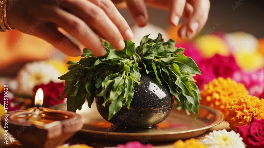 Devotional Hands Arranging Sacred Tulsi Leaves for Shaligram ...