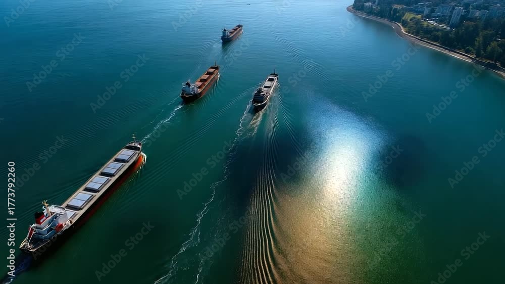 Defocused aerial shot of barges aligned in the bay, gentle motion ...