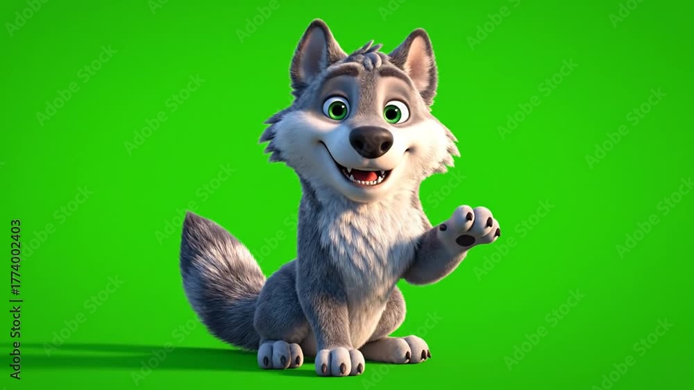 Friendly Animated Grey Wolf Character Waving Paw on Green Screen ...