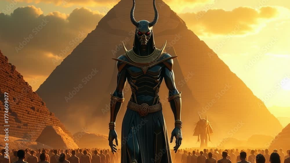 Ancient Egyptian god with horned helmet standing before pyramid at ...