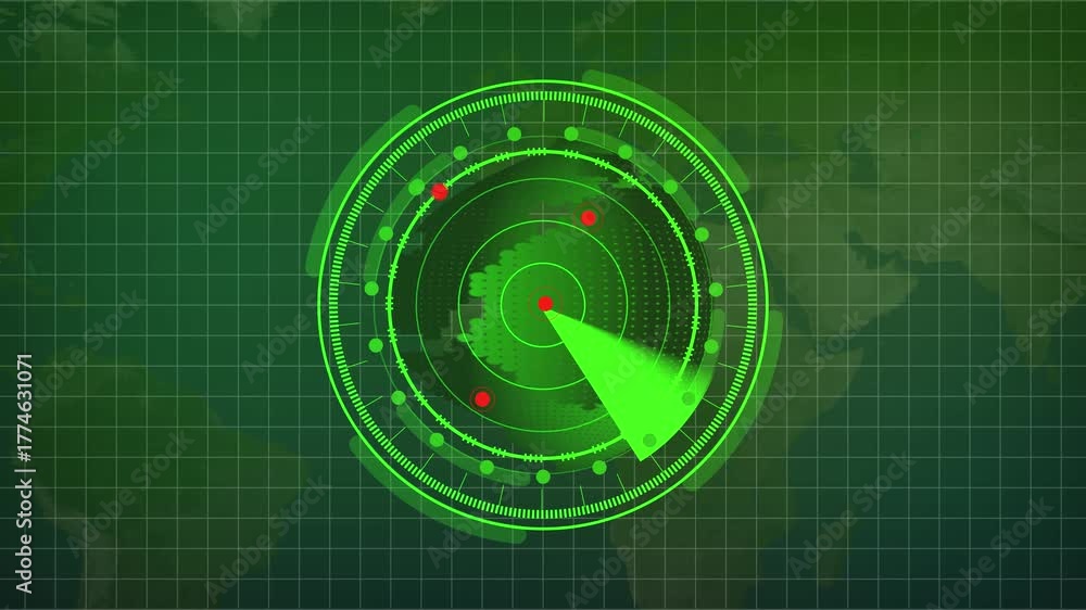 Green Radar Display Showing Earth Map With Red Targets And Scanning ...