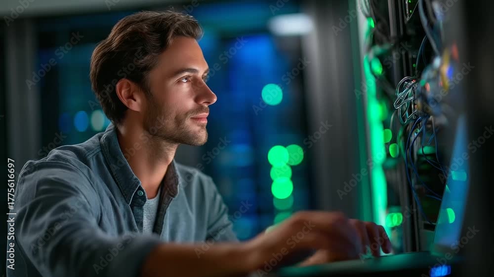 A data center technician under stark green light manages server ...