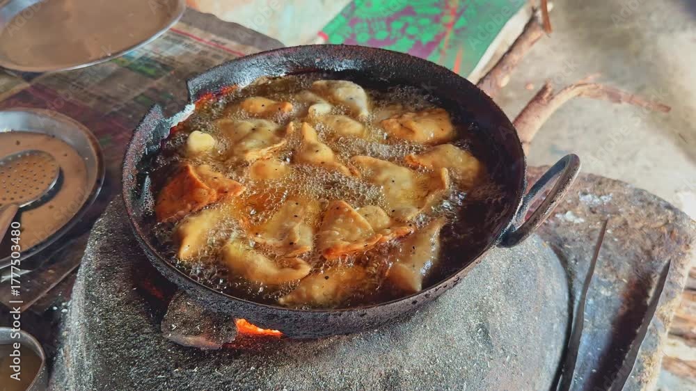 Golden samosas frying in bubbling oil on a traditional clay stove ...