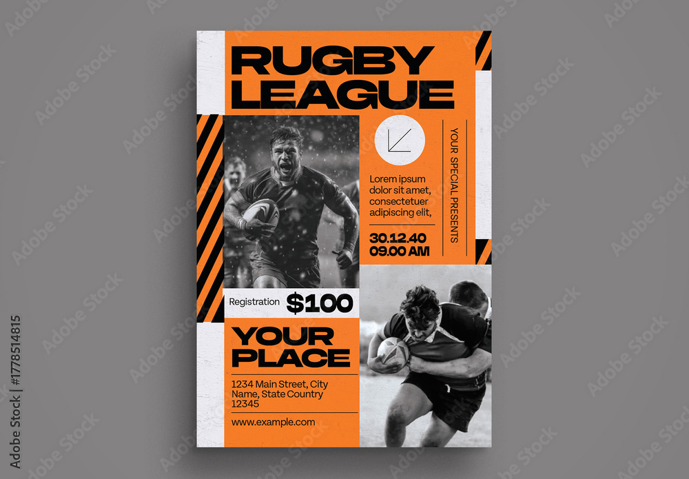 Orange Black Edgy Rugby League Flyer Layout Stock Template | Adobe Stock