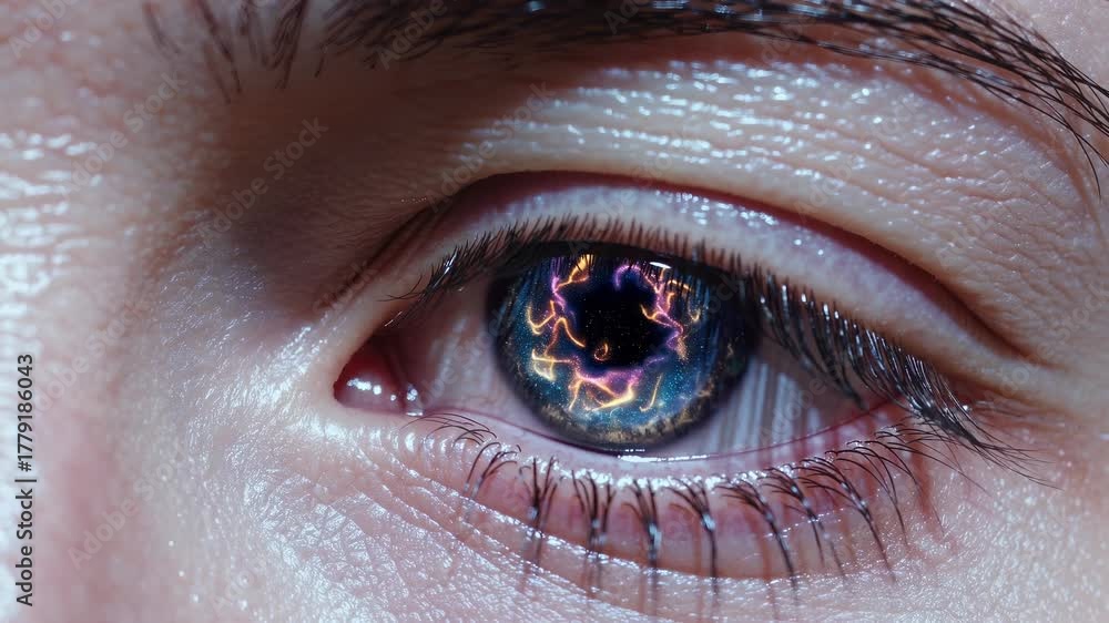 Vidéo Stock Closeup eye with glowing iris. Pupil holds nebula swirl and ...