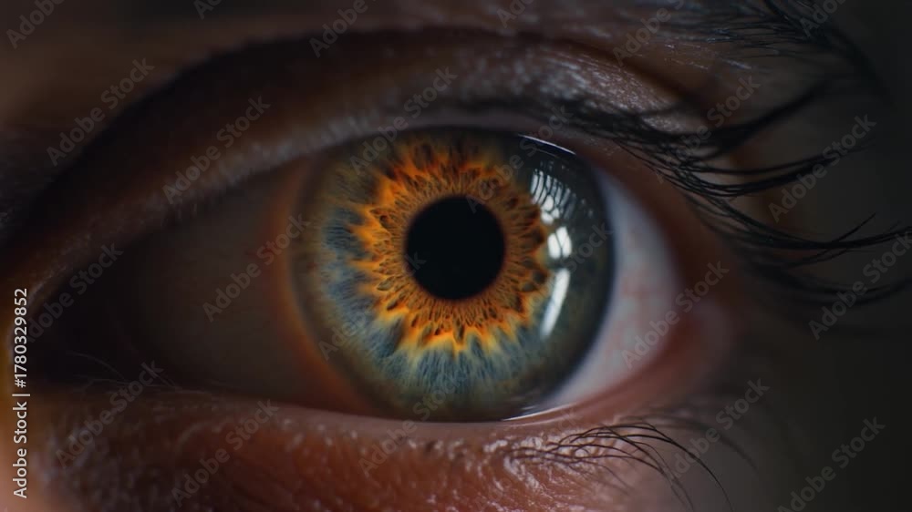 Extreme macro close-up of a human eye with a rich brown iris blinking ...