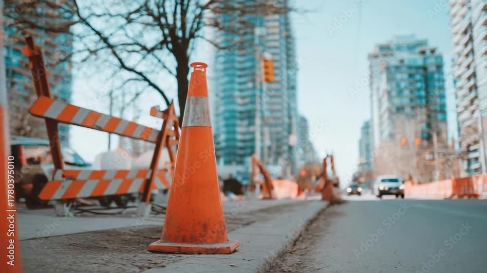 Orange traffic cones line a city street, marking a roadwork zone with ...