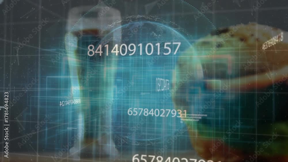 Hand entering bringing burger forward, digital grid forming, numbers ...