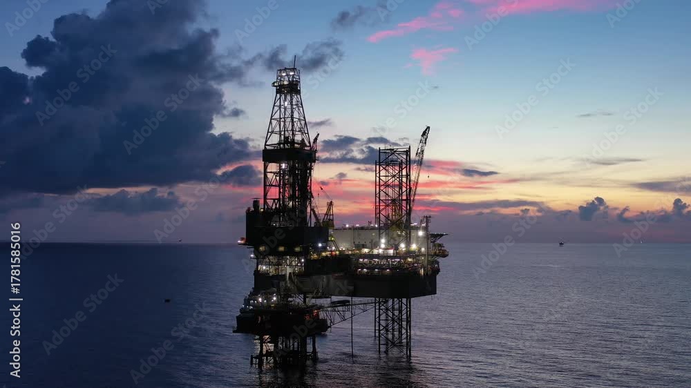 Aerial view of offshore jack up rig and offshore platform during sunset ...