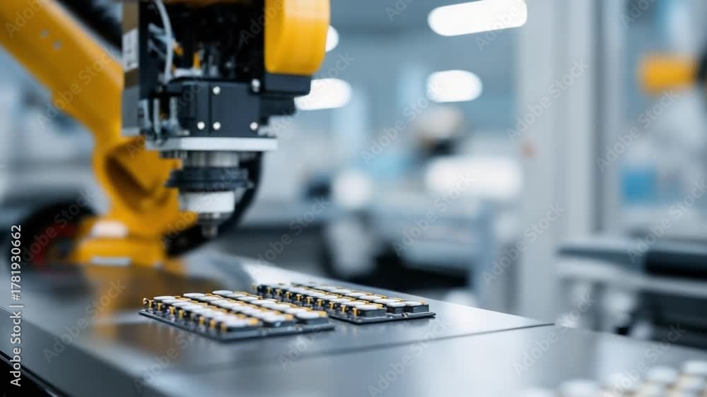 Robotic arm in an electronics factory performing automated PCB assembly by placing components on ...