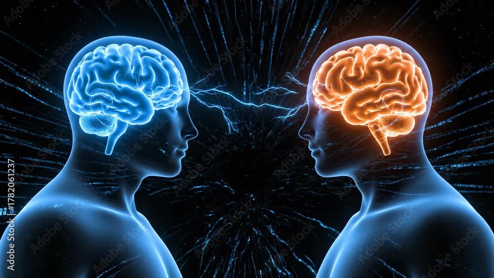 figure facing figure with illuminated brain. connection and network ...