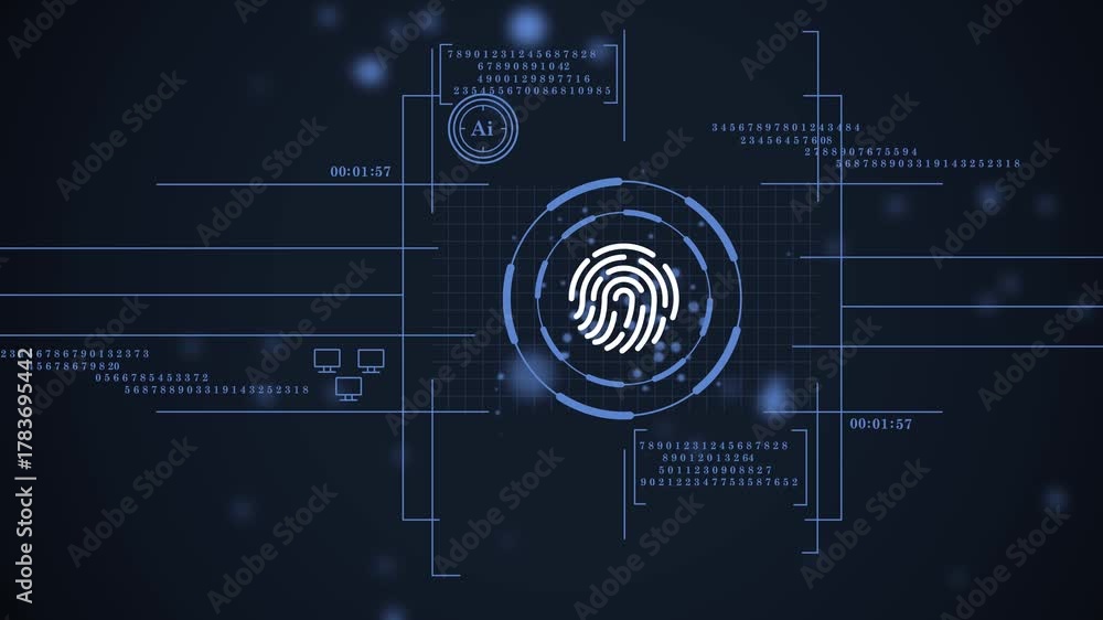 cybersecurity hud with fingerprint scan & ai processing animation. sci ...