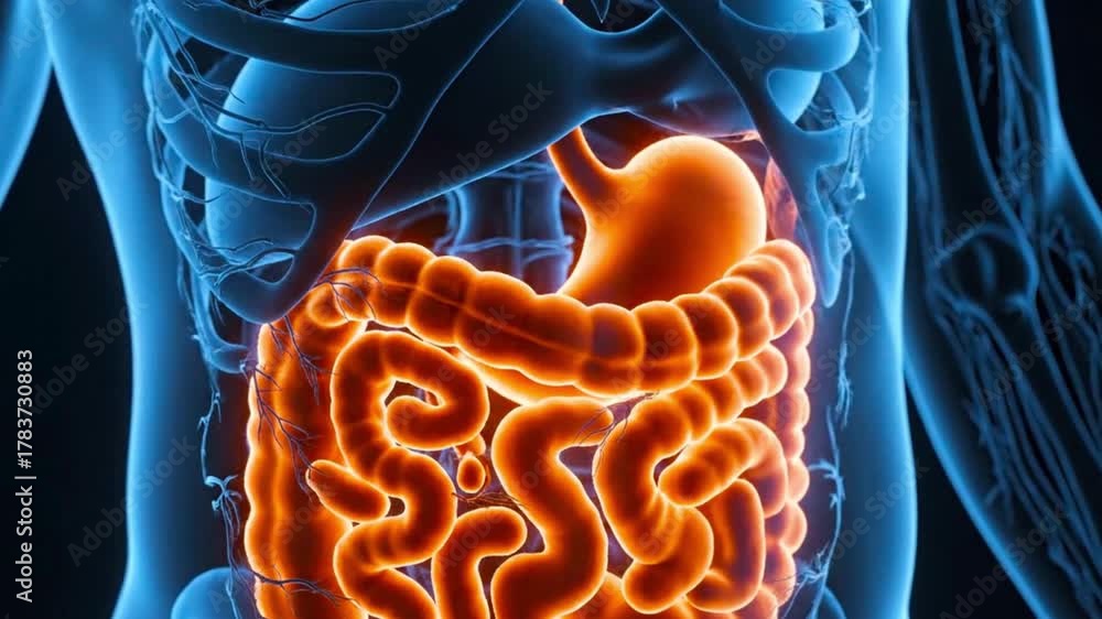 Anatomy of the human digestive system with stomach and intestines in ...