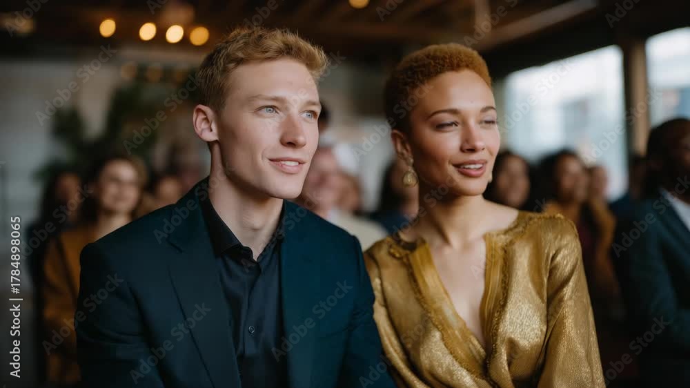 Diverse LGBTQ+ couples attending a group marriage registration ceremony ...