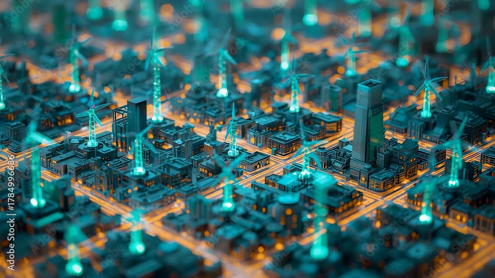 Digital smart city model with glowing data towers and connected ...