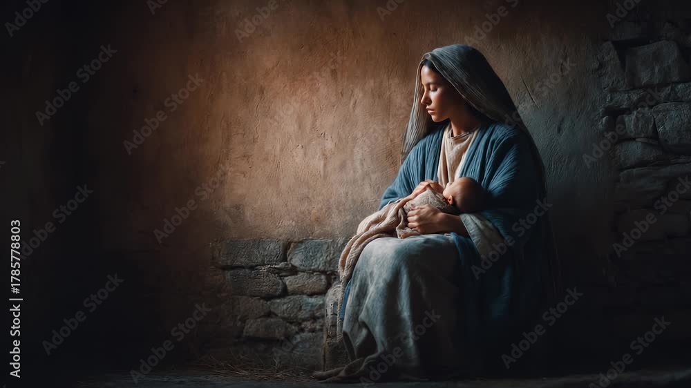 A mother sits quietly, cradling her baby in gentle arms. The woman ...