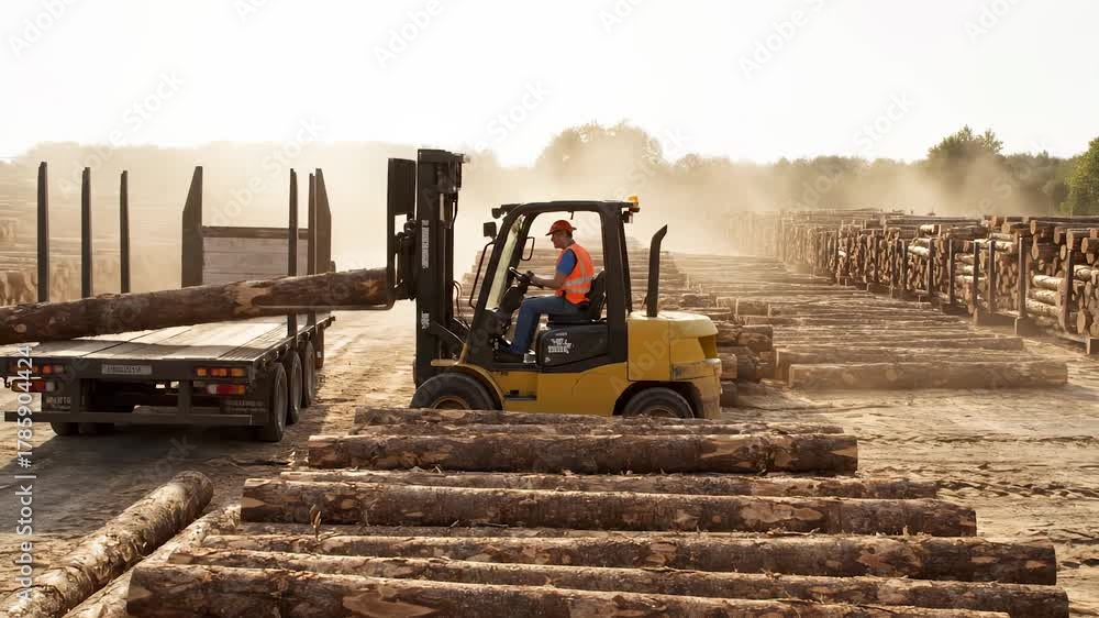 forklift moves log onto flatbed in yard. loading shifts lumber into ...