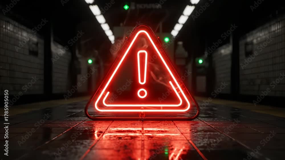 Neon warning triangle glows on floor. Red sign shows exclamation and ...