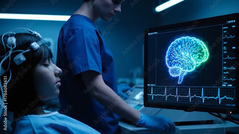 Child undergoing brain monitoring with technician. EEG electrode ...