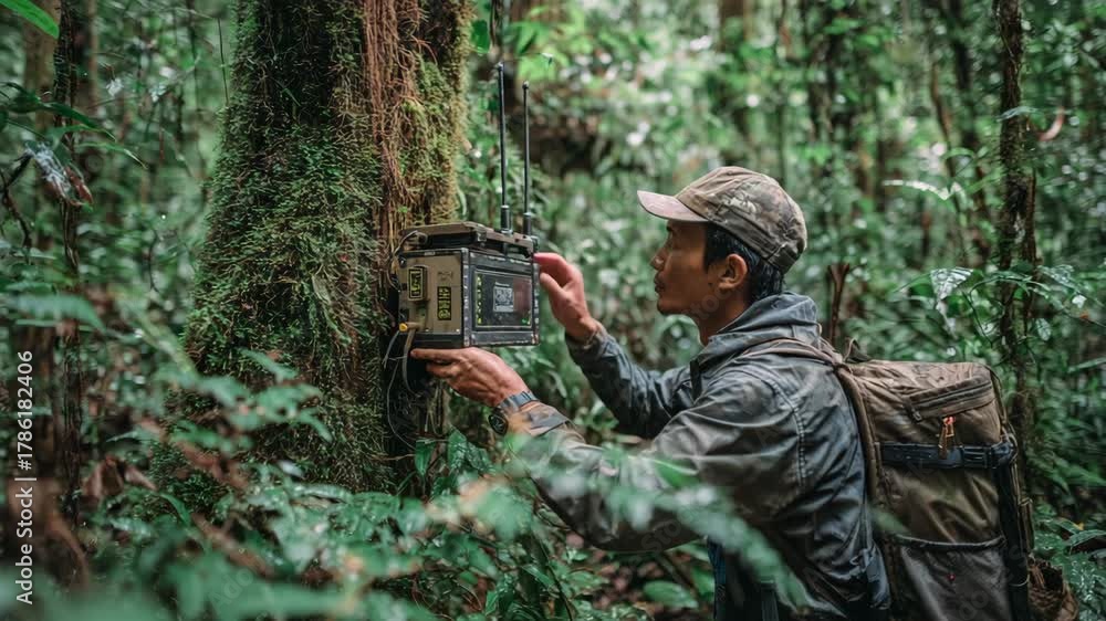 Ultra HD A conservationist setting up a camera trap in a lush ...