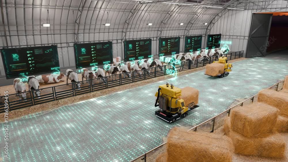 Smart free stall barn for dairy cows. Robot food dispenser works on a ...