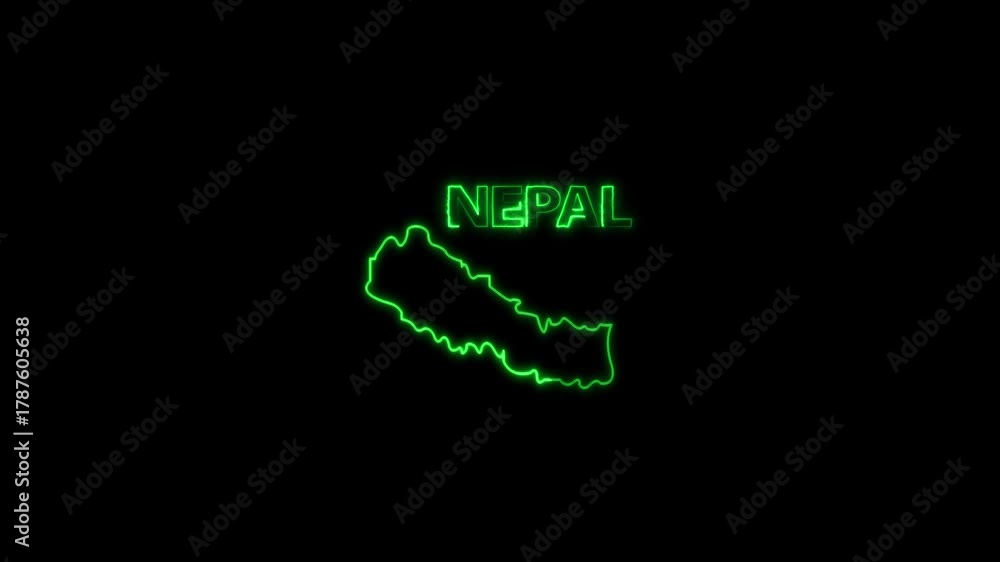 Neon map of Nepal outline with text 4k loop animation transparent ...