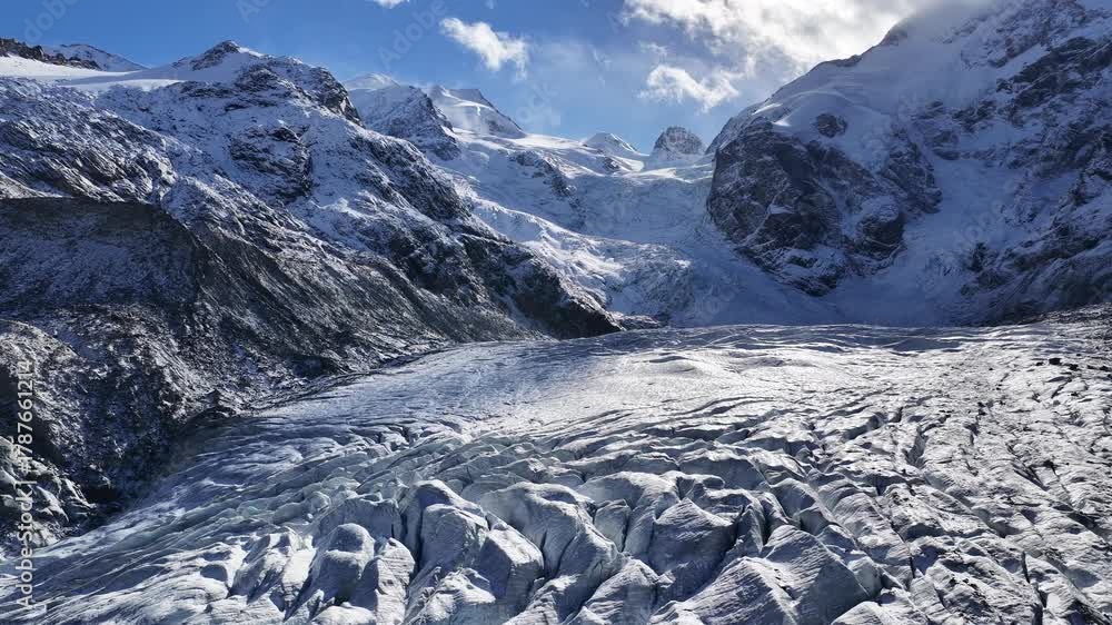 A detailed aerial view of the Morteratsch Glacier in Kanton Graubünden ...