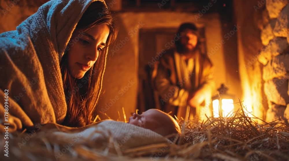 Mary looks at the newborn baby Jesus. Jesus is in the nativity scene ...