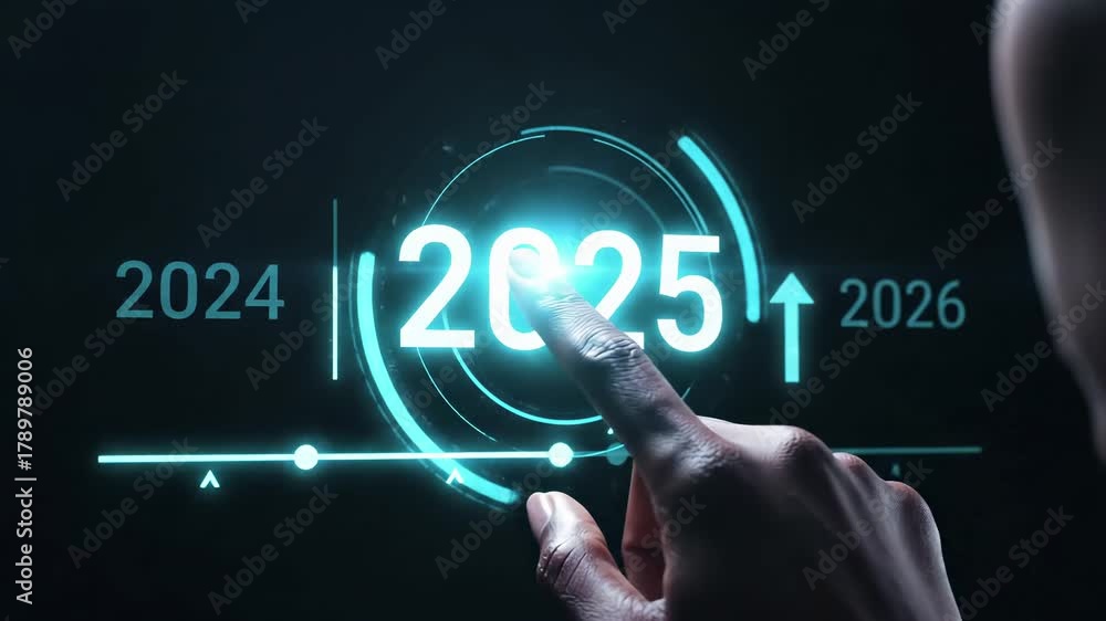 holographic 2025 year interface with timeline displaying, 2026, and ...
