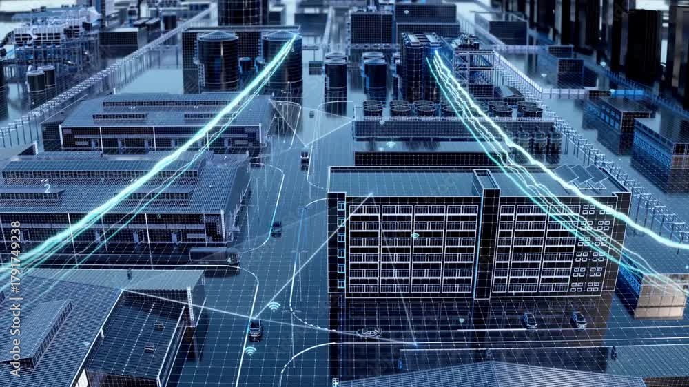 Holographic images, aerial views of modern factories, scenes of ...