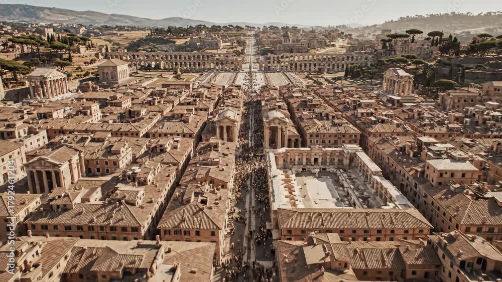 Ancient roman street bustling with a large crowd of people, carts laden ...