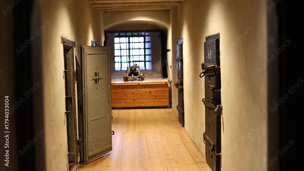 Dark stone prison inside a medieval castle, rusty bars, chains, and ...