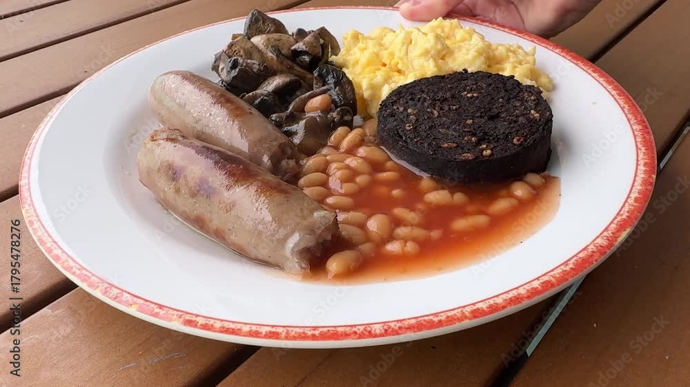 Serving a British Breakfast of Scrambled Eggs, Baked Beans, Blood ...