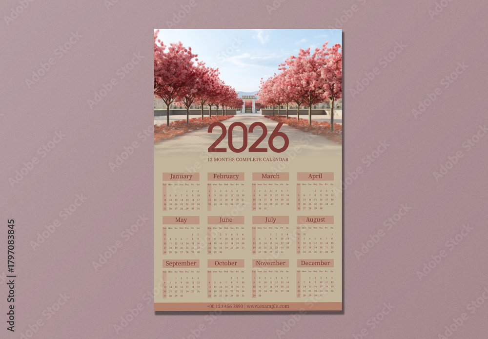 Editable 2026 Yearly Wall Calendar Template with Cherry Blossom Pathway ...