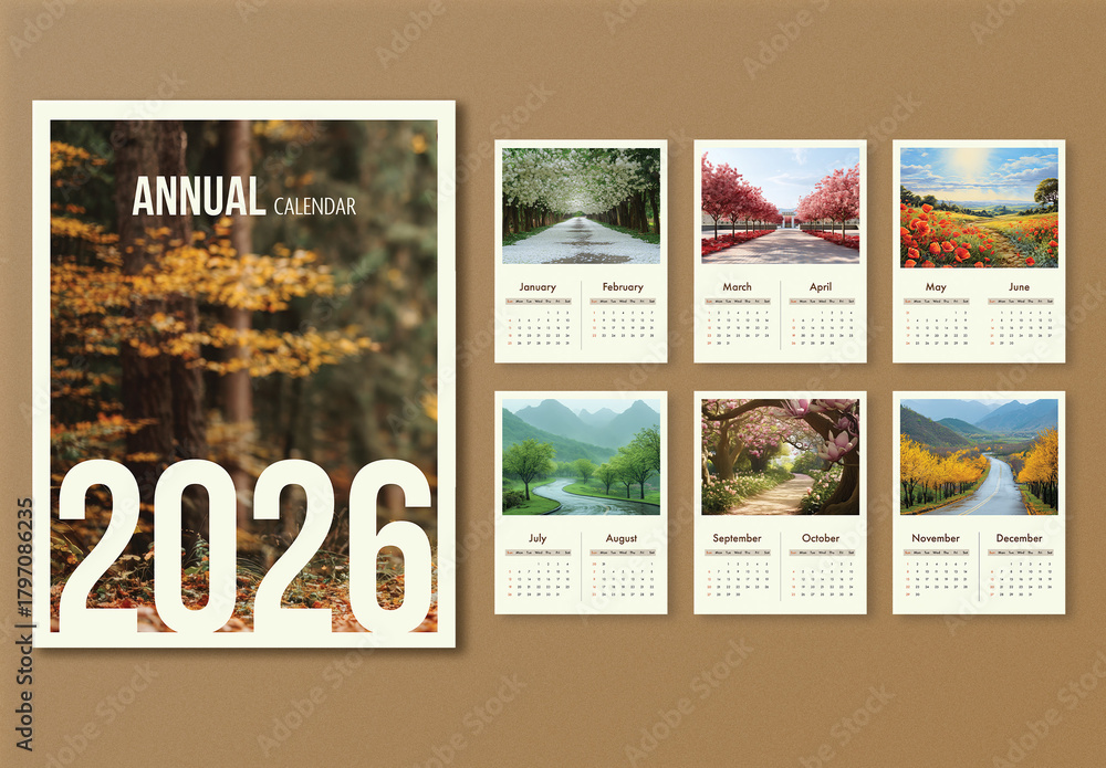Editable 2026 Annual Calendar Template Set with Scenic Nature ...