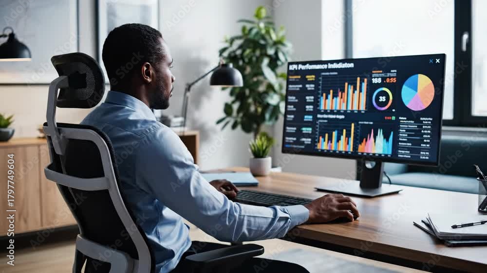 Professional analyst studying data on a large monitor, with a slow ...