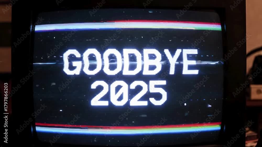 A retro VHS glitch effect on a TV screen displaying "GOODBYE 2025" in a ...
