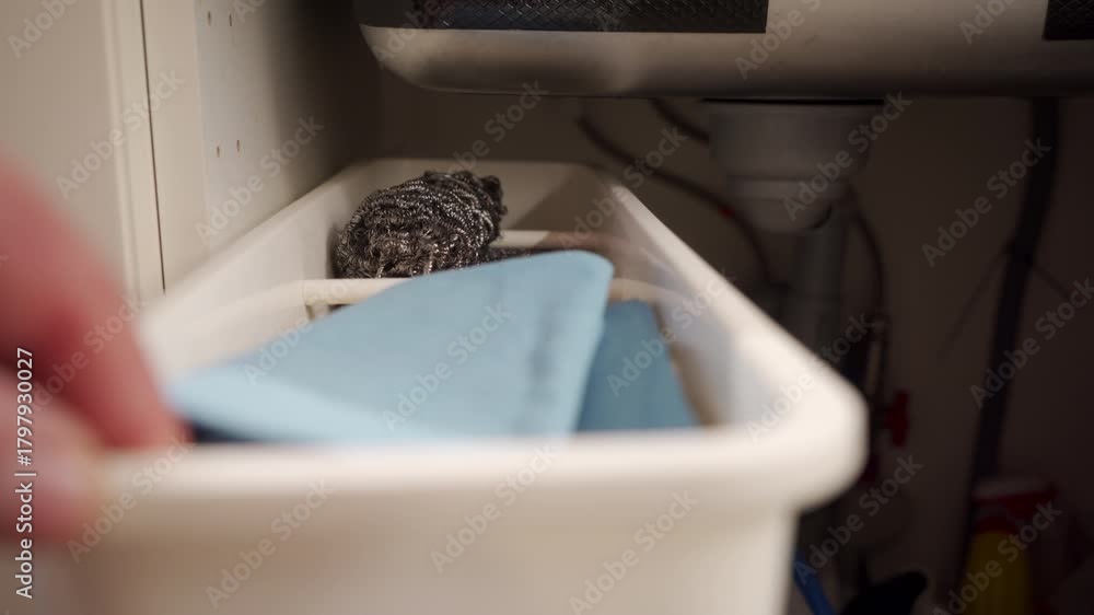 Hand pulling a white plastic storage drawer/bin out from under a ...