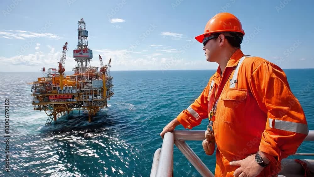 Oil Rig Vision: An oil rig worker surveys the expansive ocean, his gaze ...